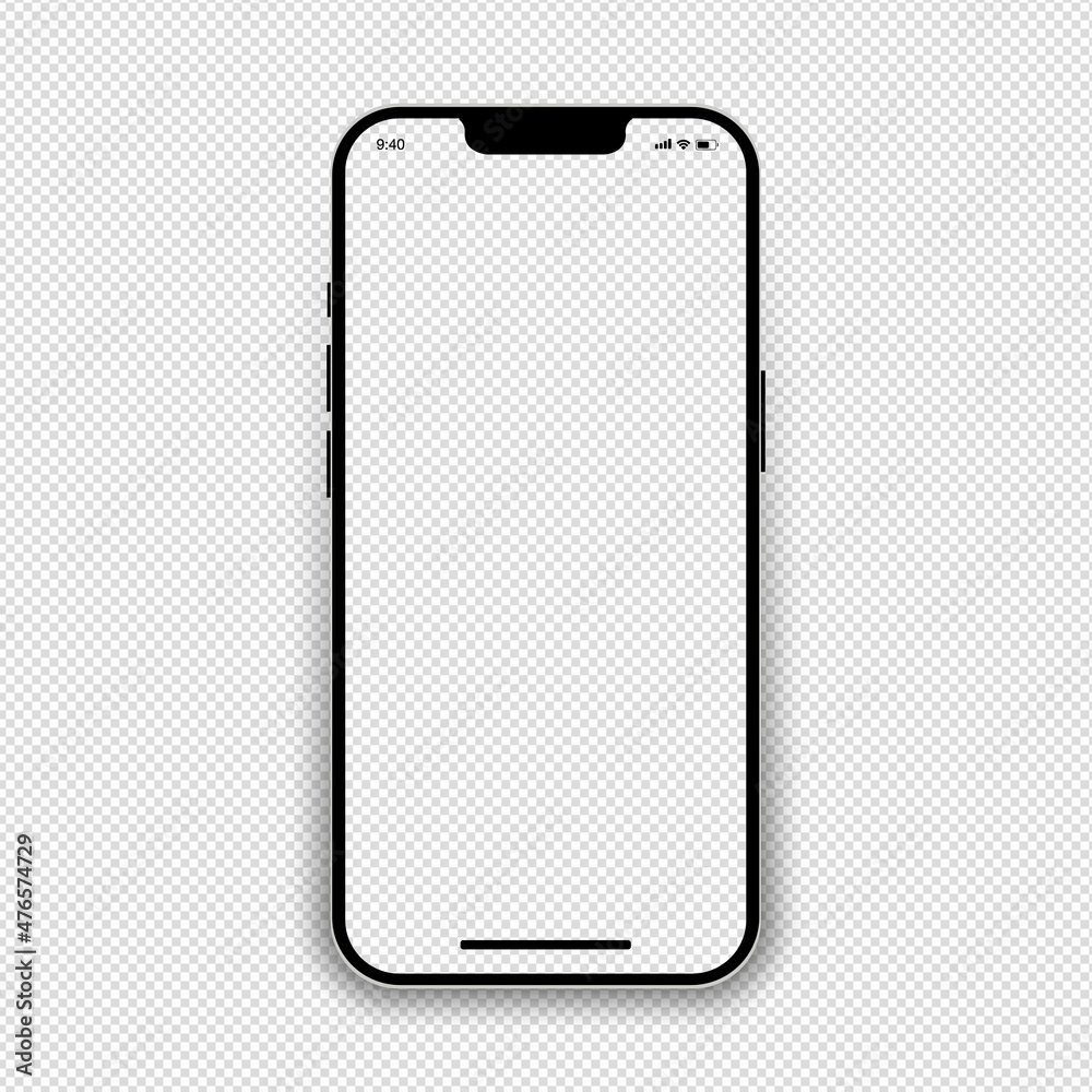 Realistic model of smartphone with a transparent screen. Front view of ...