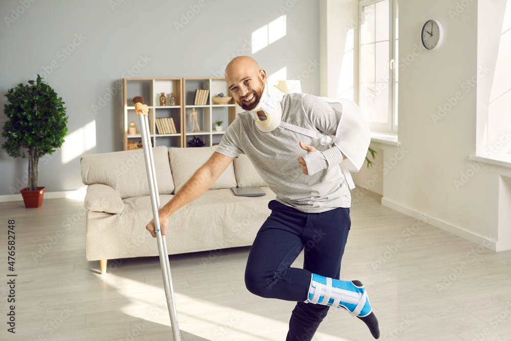 Happy optimistic man with multiple physical injuries after car crash ...