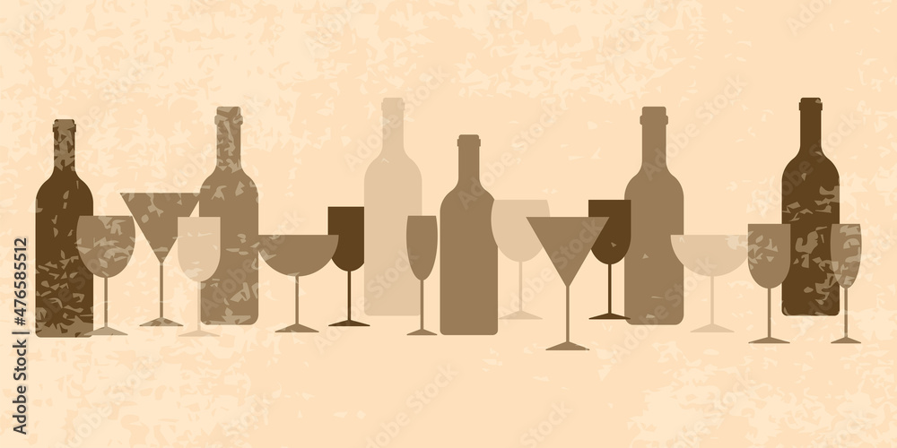 Collection of abstract modern wine bottles and cocktail glasses ...