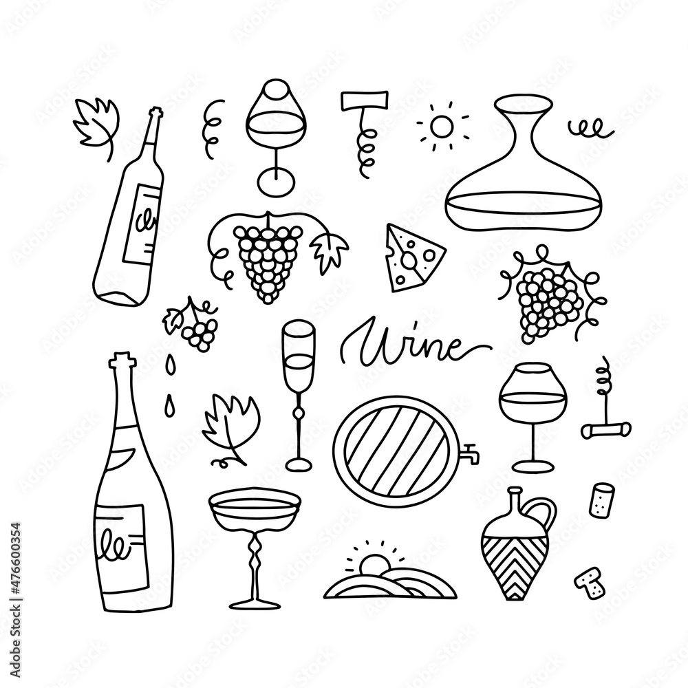 Doodle hand draw wine elements set on white background. Linear bottles ...