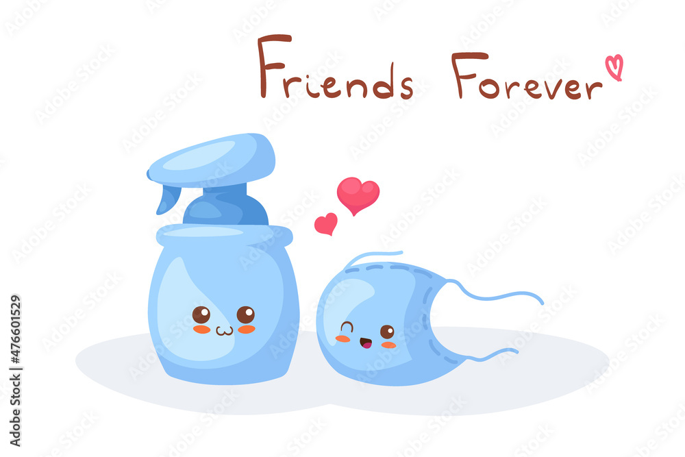 Kawaii cartoon Face Mask and Hand Sanitiser characters. Coronavirus ...