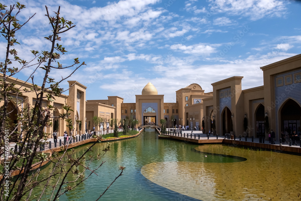 Modern gondola canal, Karavan saray complex in Turkestan city. Stock ...
