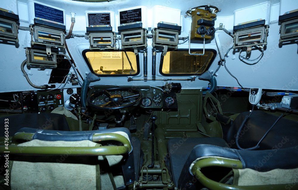 Driver-mechanic cabin of Ukrainian combat reconnaissance vehicle BRDM 2 ...