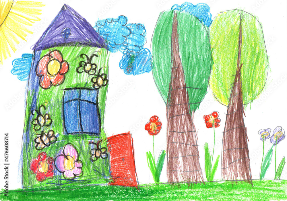 Child drawing of a family house. Pencil art in childish style Stock ...