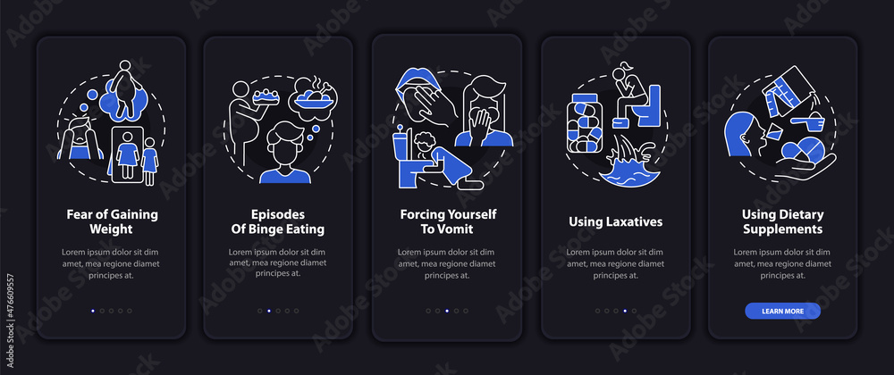 Stockvector Bulimia symptoms night mode onboarding mobile app screen ...