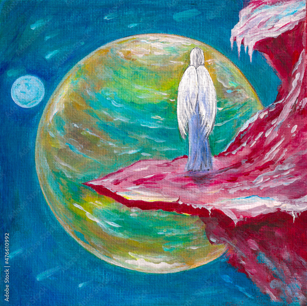 Cosmos Universe Earth Sky Stars Planets. Angel or Alien mind with wings ...