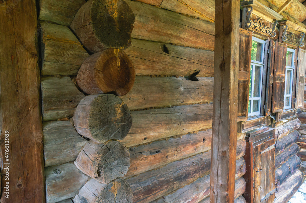 Wooden rural house made of huge logs. This house was built in the ...