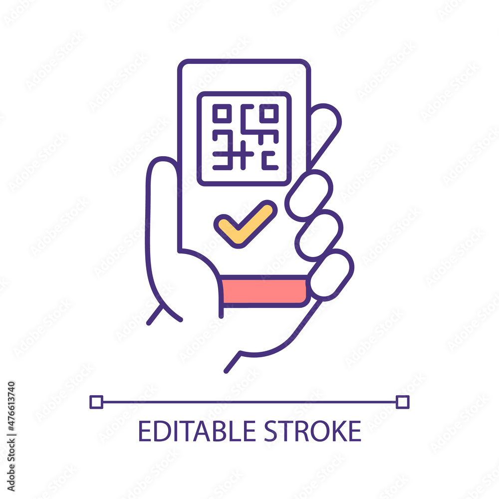 QR code check RGB color icon. Mobile application service. Contactless and touchless solution for ...