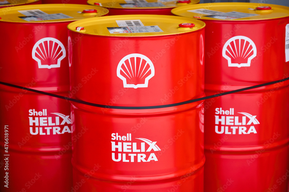 Minsk, Belarus. Dec 2021. Shell Helix Ultra steel drums with motor oil ...