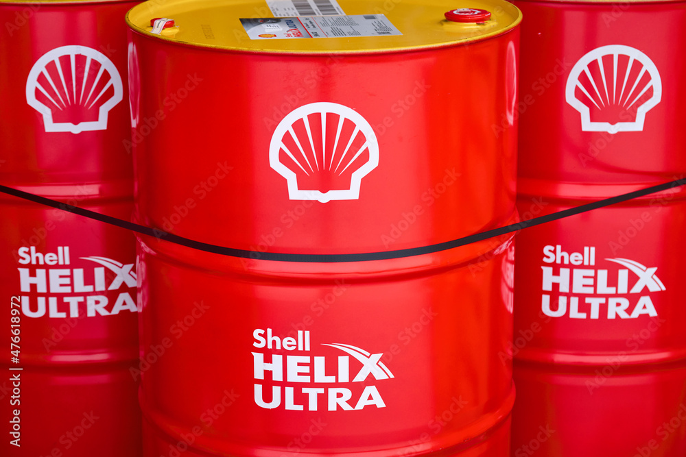 Minsk, Belarus. Dec 2021. Shell Helix Ultra steel drums with motor oil ...
