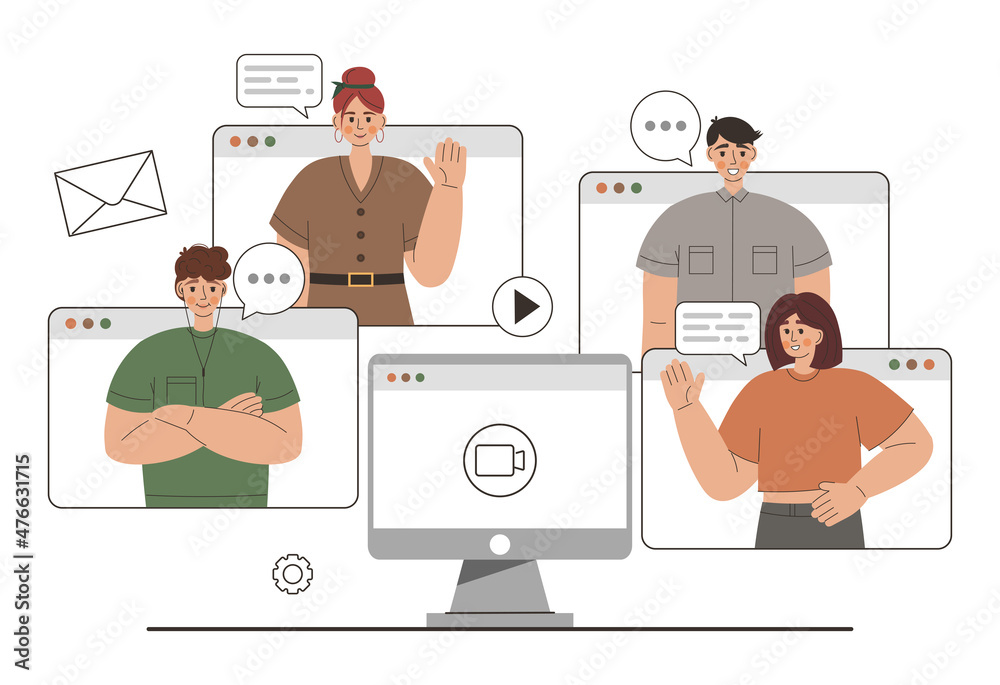 Video conference call landing page or banner. People on computer screen ...