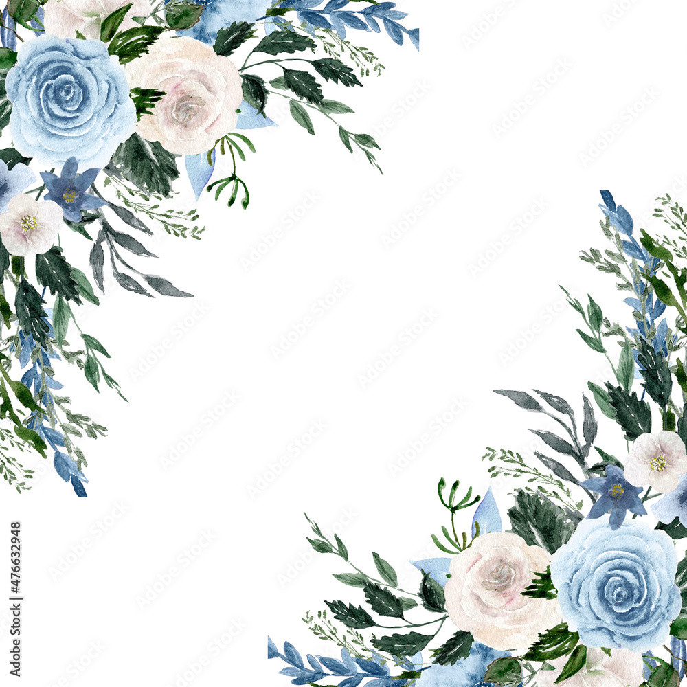 Watercolor Blue and Pink Roses Floral Frame, Hand painted peony ...