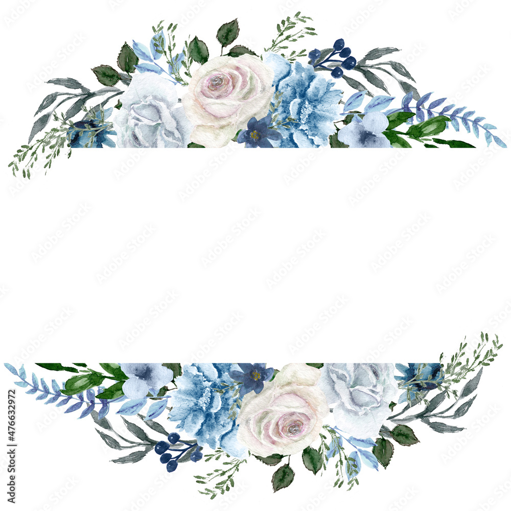 Watercolor Blue and Pink Roses Floral Frame, Hand painted peony ...