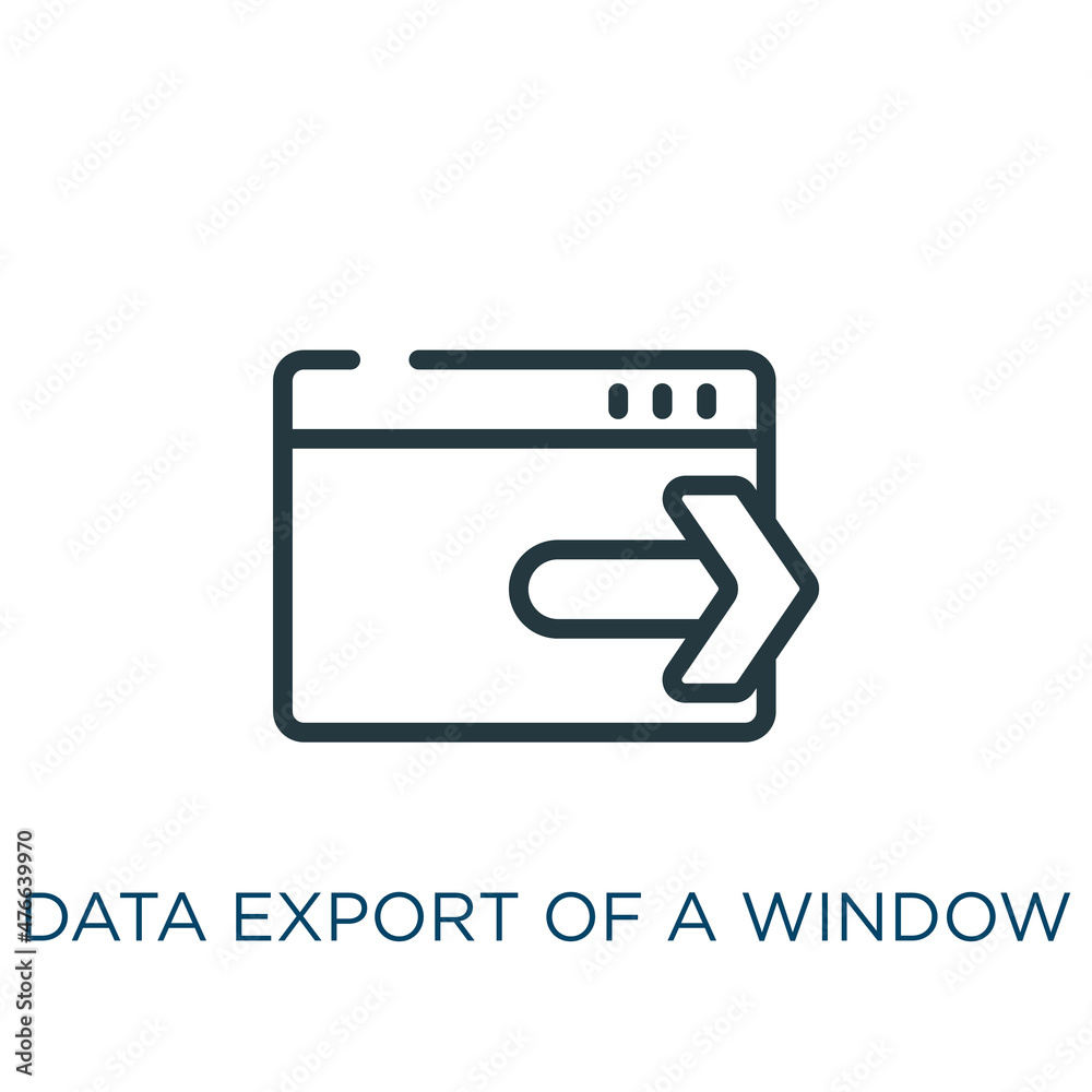 data export of a window with an arrow thin line icon. export, data ...