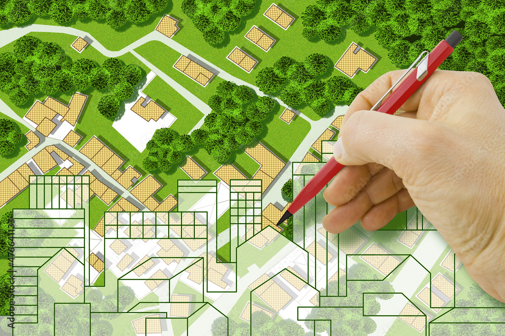 Real Estate concept with an imaginary cadastral map of territory with ...