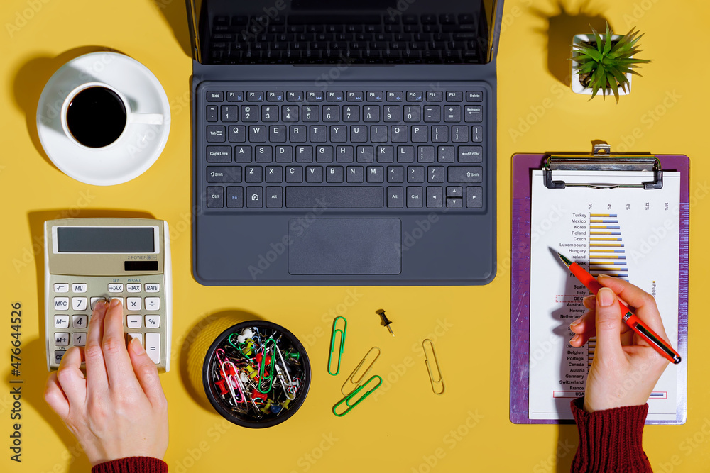 Business items in the office, laid out in a composition on a bright ...