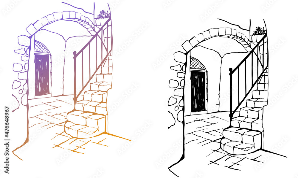 Ancient staircase in the monastery. Colourful vector illustration in ...