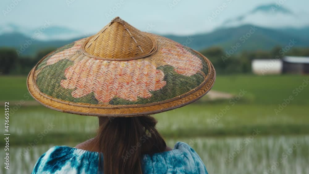 Asian woman in wicker straw hat in front of paddy rice field farm with ...