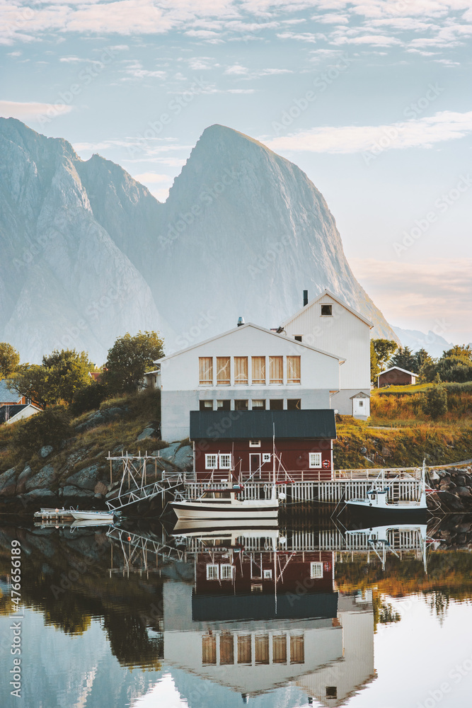 Lofoten islands village in Norway landscape water reflection view ...