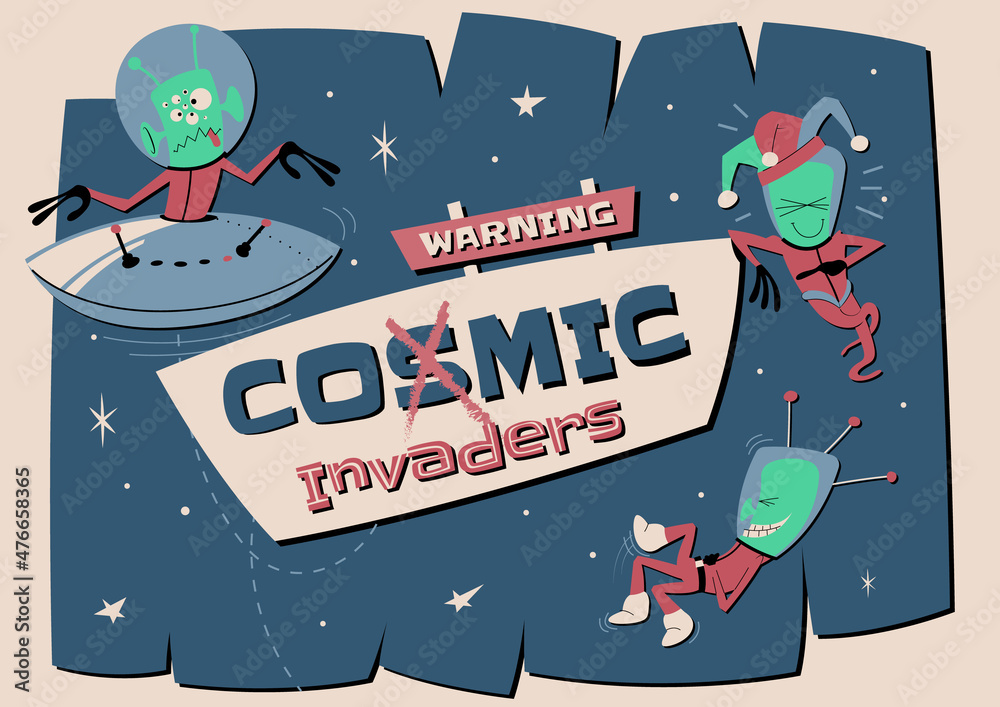 Cosmic Invaders Comic Illustration, Mid Century Modern Art style, UFO ...