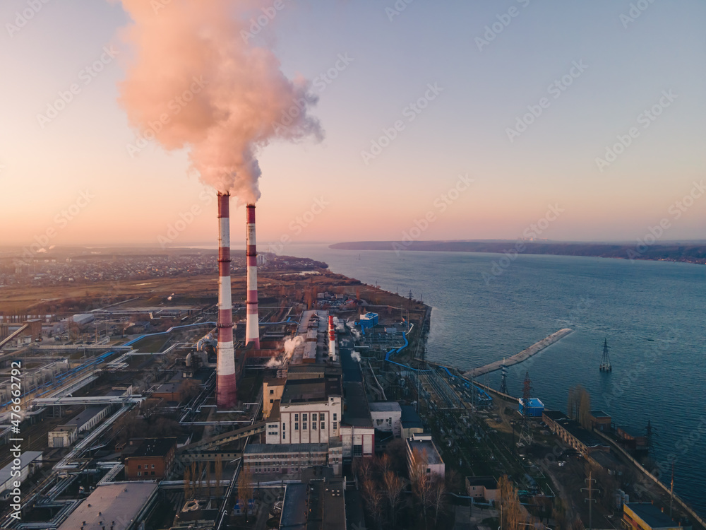 Industrial factory smokestack emission carbon gases and in atmosphere ...