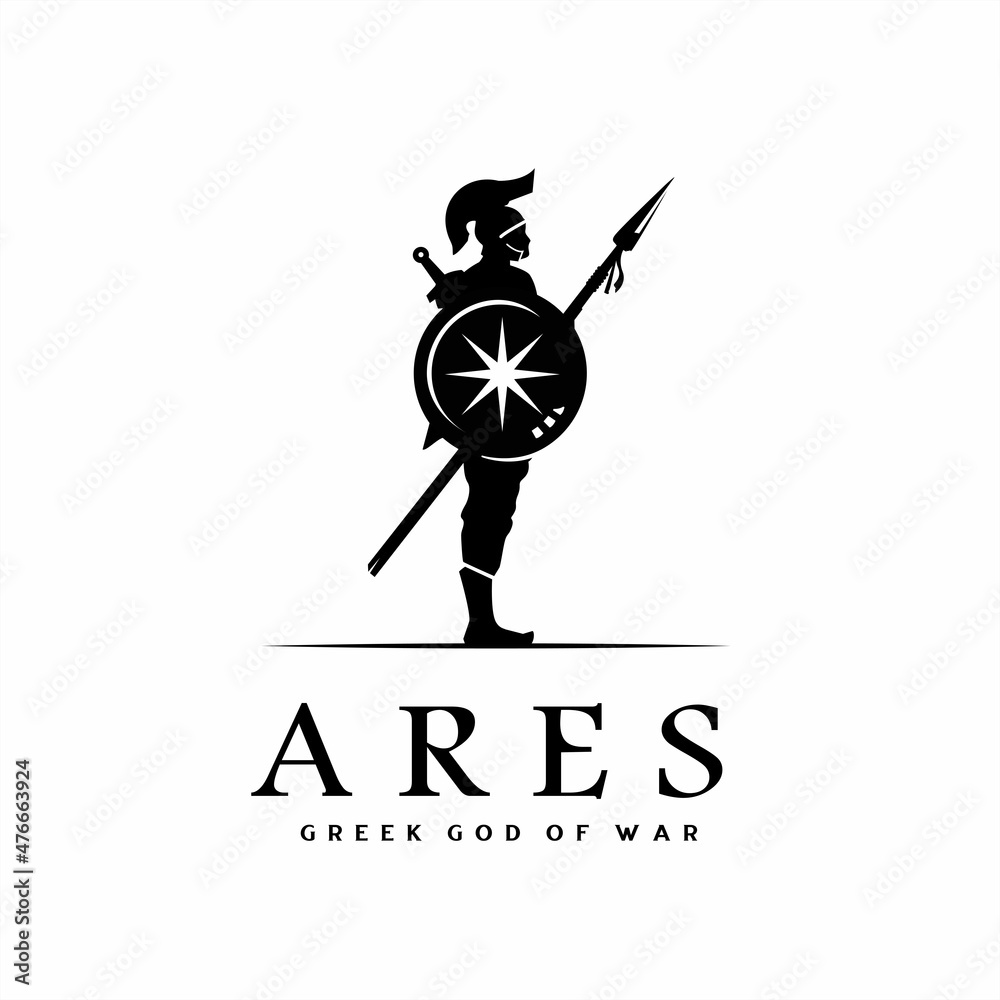 Silhouette of Ares god of war with Shield and Spear, Mighty Greek ...