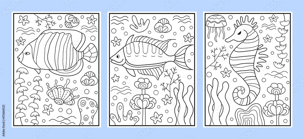 Collection of coloring pages. Underwater life in the sea, ocean. Hand ...