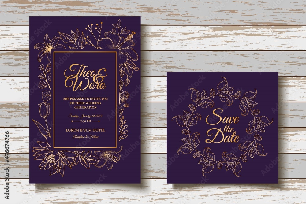 Elegant Hand Drawing Floral Wedding Invitation Card Set Stock Vector ...