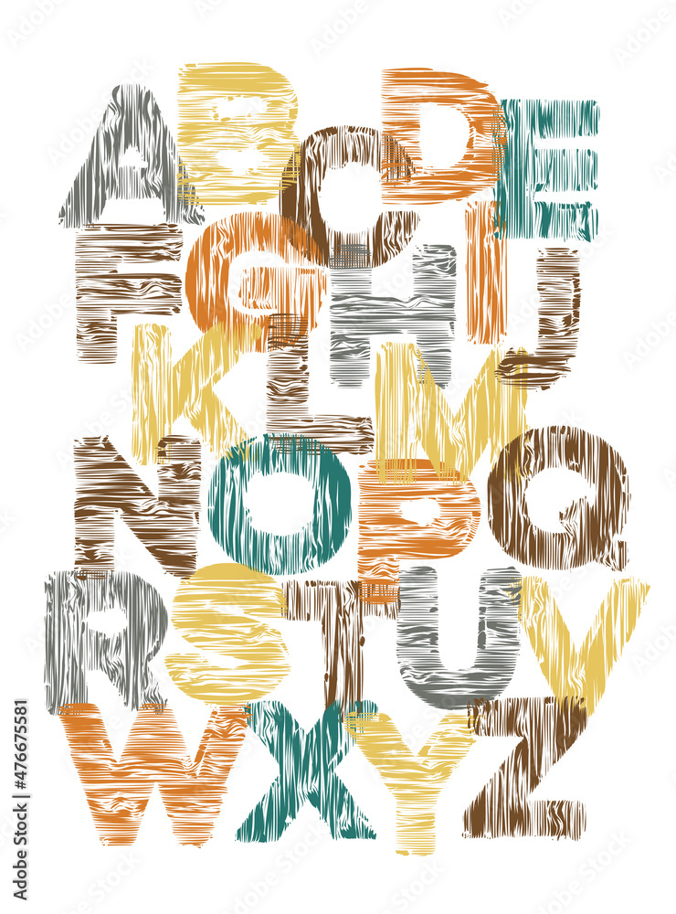 Colored translucent letters of the English alphabet with a uneven ...