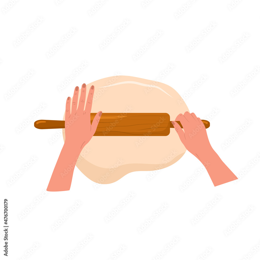 Kneading dough hands. Woman rolls homemade dough with rolling pin. Top ...