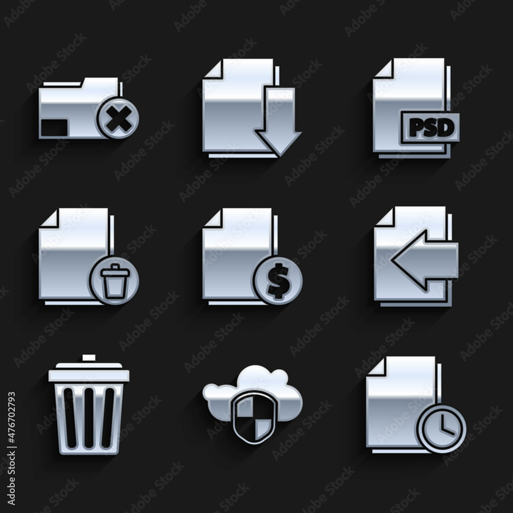 Set Finance document, Cloud and shield, Document with clock, Next page arrow, Trash can, Delete ...