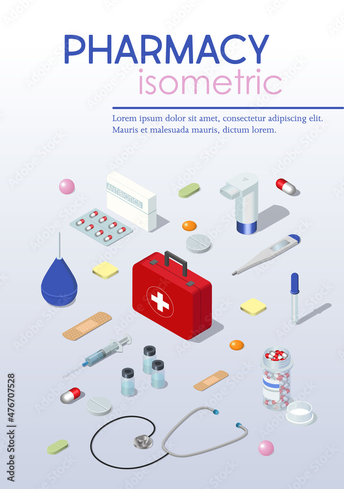 Pharmacy Poster With Isometric Icons. Vector illustration for medical ...