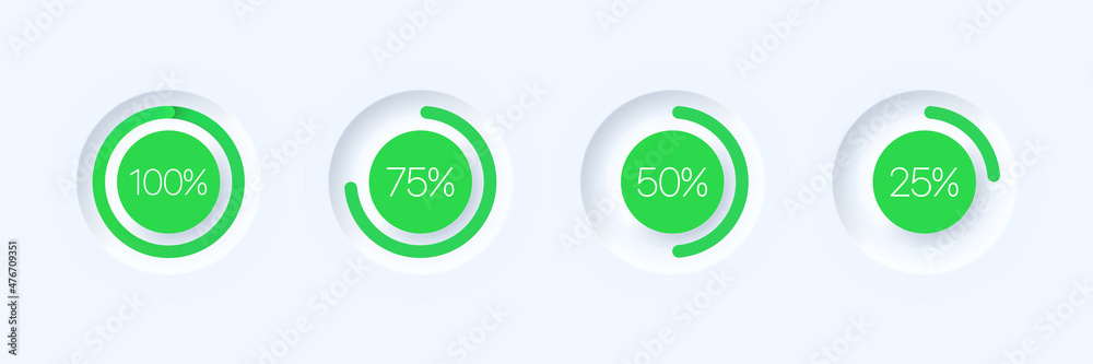 Four pie diagrams for business, 100, 75, 50 and 25 percent. Vector line ...