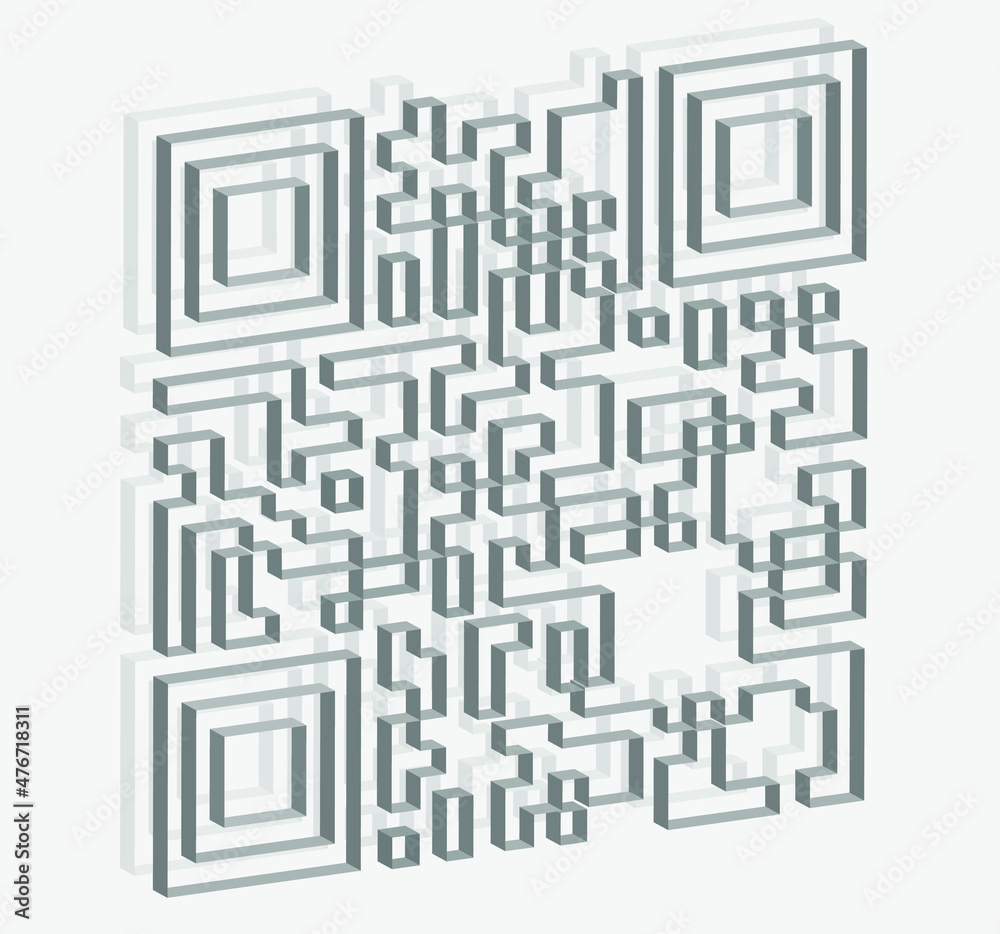 3D QR code, three-dimensional filament, metallic effect, on grey ...