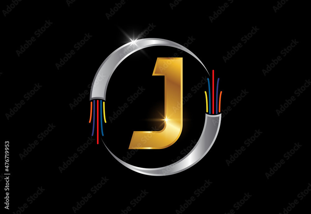 Initial J monogram letter alphabet with electric wire, optical fiber ...