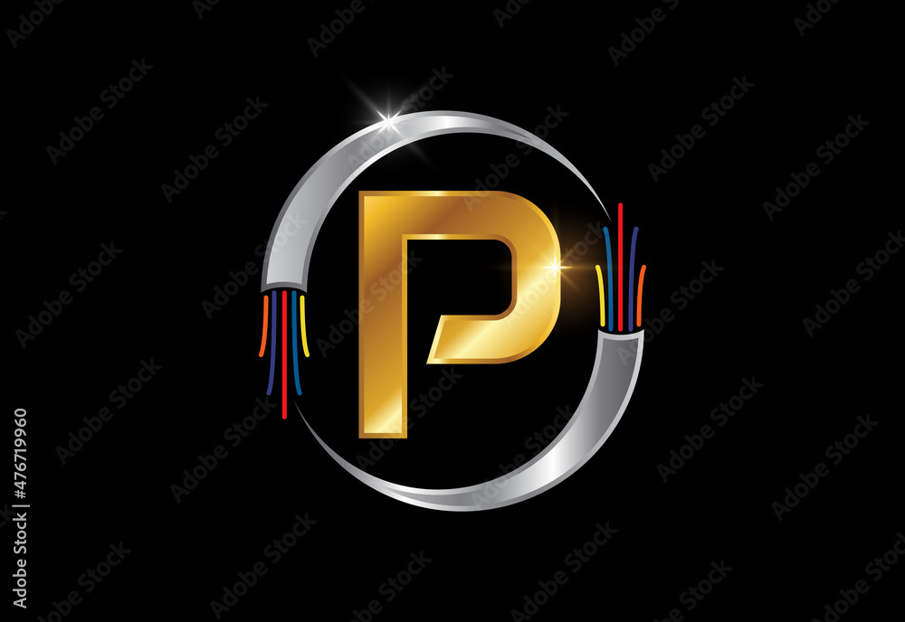 Initial P monogram letter alphabet with electric wire, optical fiber ...