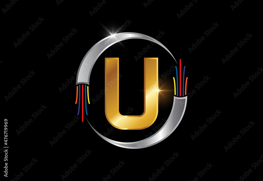 Initial U monogram letter alphabet with electric wire, optical fiber ...