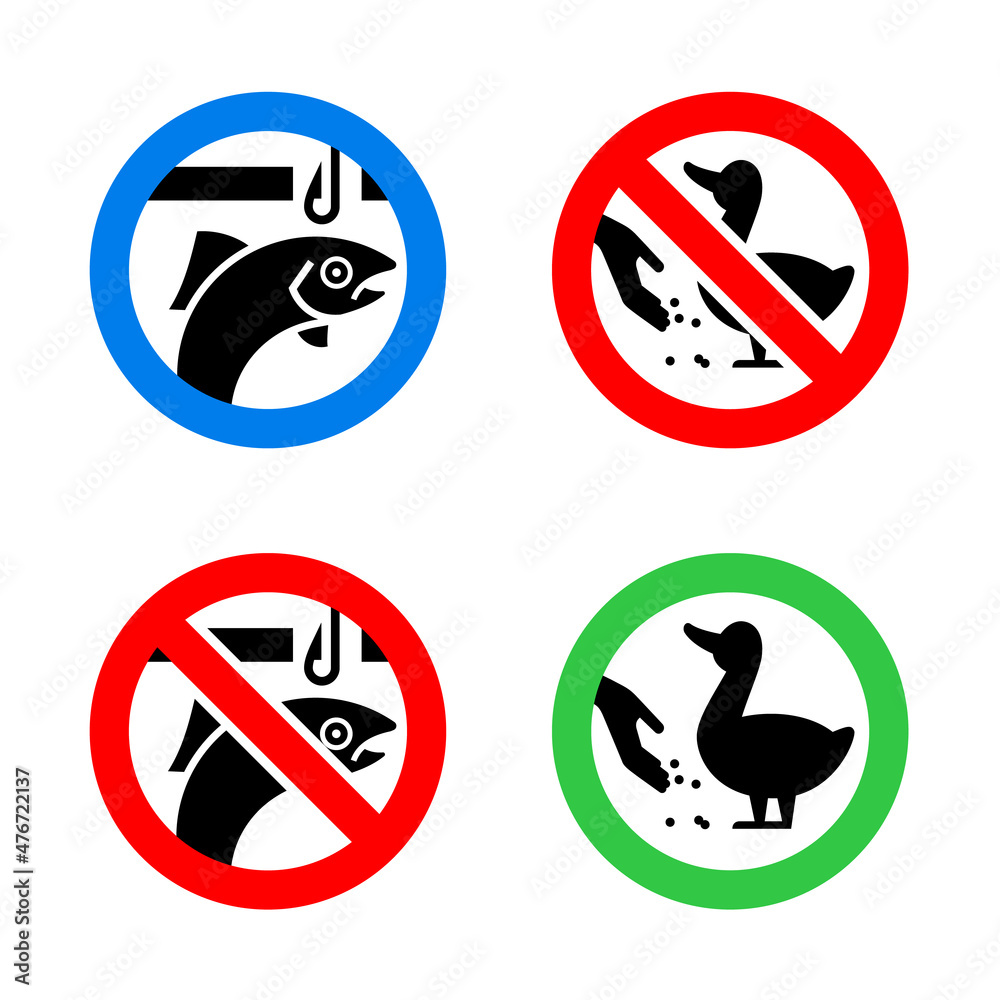 Do not feed birds and No fishing forbidden signs, vector illustration ...