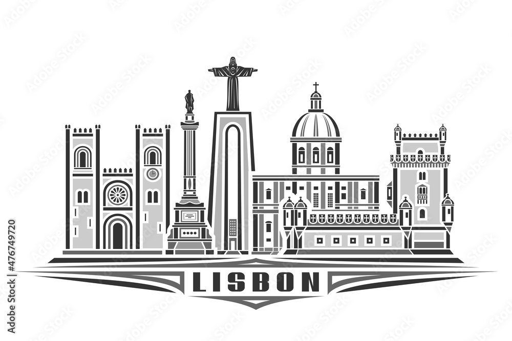 Vector illustration of Lisbon, monochrome horizontal poster with linear ...