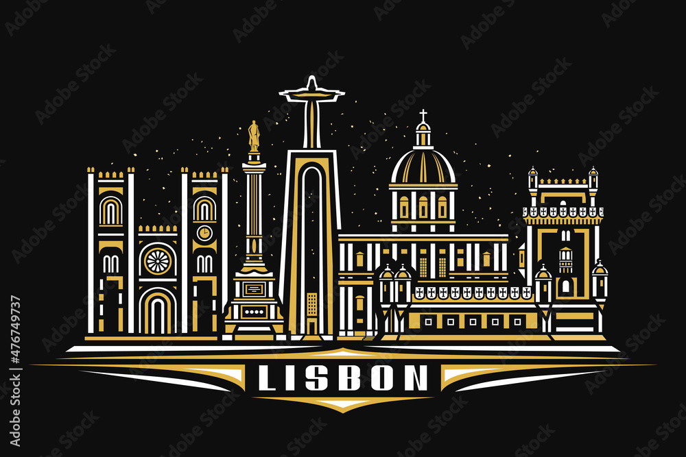 Vector illustration of Lisbon, dark horizontal poster with linear ...