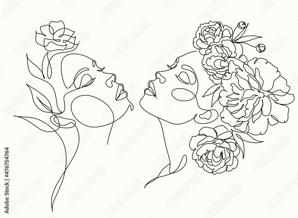 Woman face with flowers. Abstract face with plant by one line drawing ...