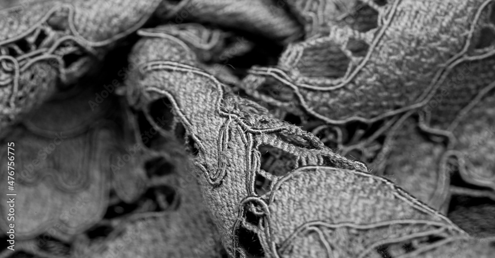 black lace fabric, delicate embossed lace fabric, scalloped on both ...