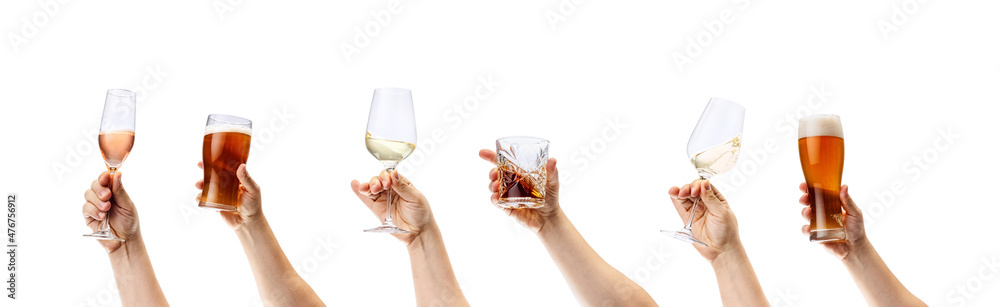 Collage of male hands holding different alcohol glasses isolated over ...