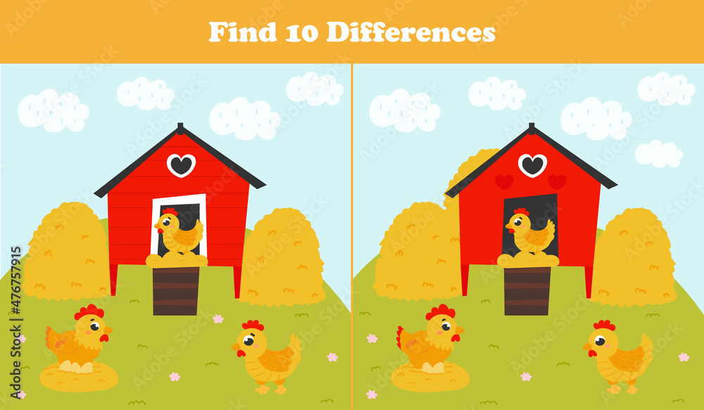 Find ten differences game with farm animals - hen and chicken, colorful ...