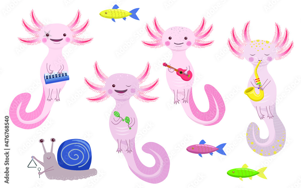 Cartoon axolotls play musical instruments. Set of children's characters ...