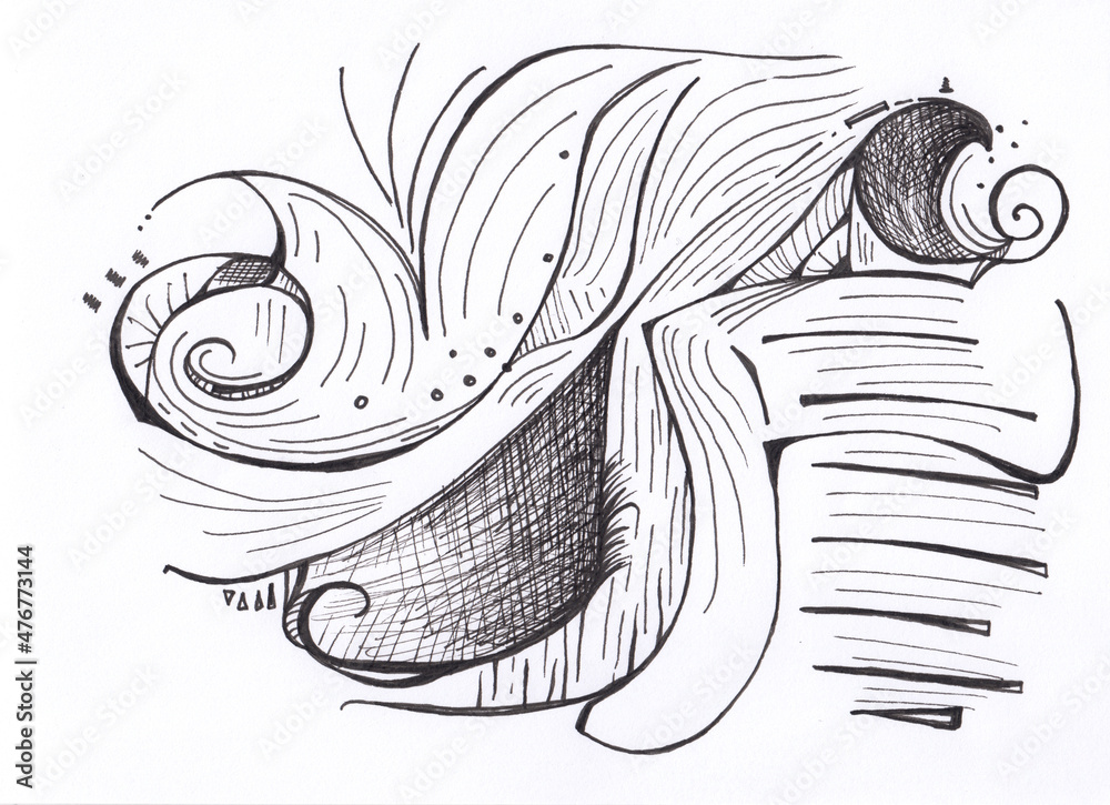 Abstract ink pen drawing of curly plants shapes and lines. Surrealistic ...