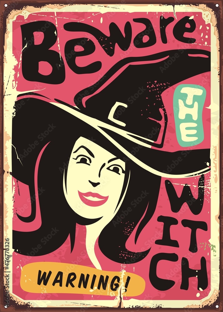 Vecteur Stock Beware the witch retro poster template. Funny conceptual ...
