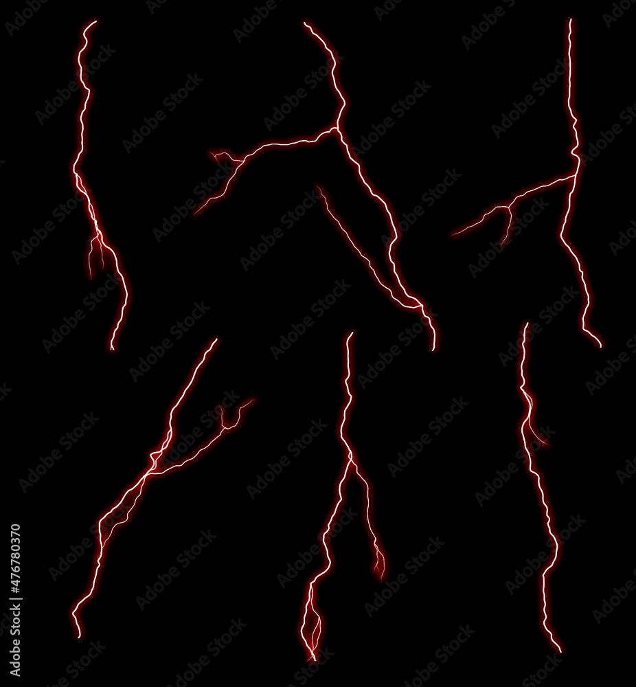 Red thunderbolts. Realistic lightnings. Electricity thunder light storm ...
