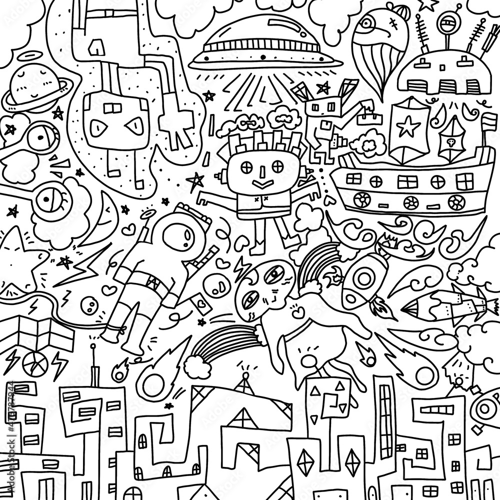 Universe spaceship, aliens in doodle patent coloring page for kids and ...