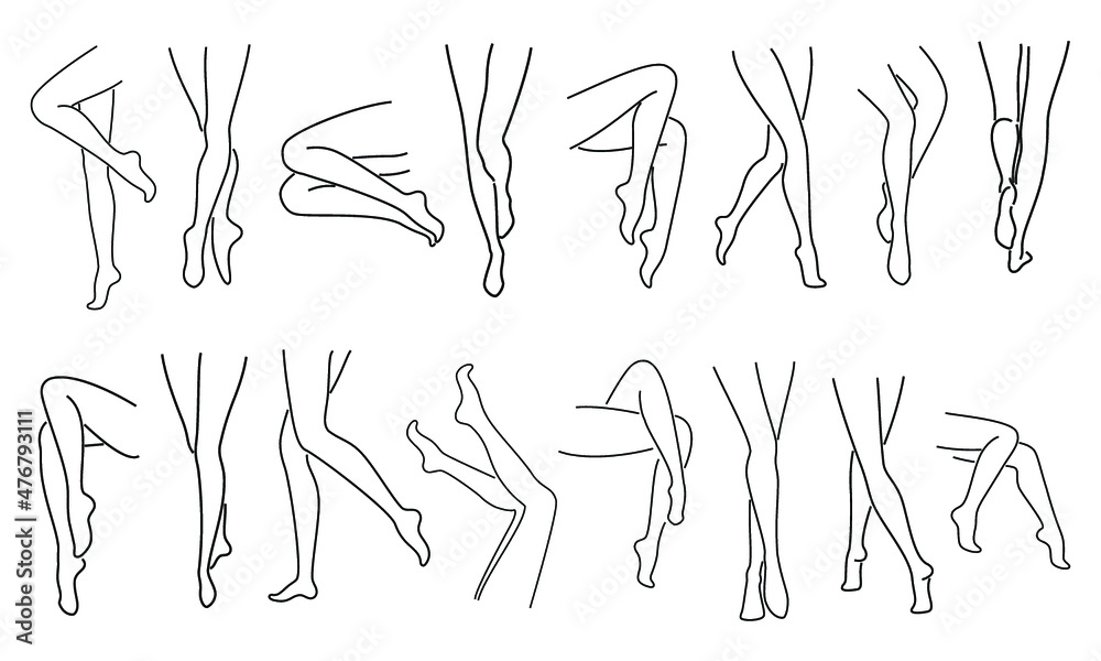 Collection. Silhouettes of human legs and leaves in a modern one line ...